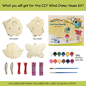 HOME COMPOSER 4 Pack DIY Bird House Wind Chime Kits for Children to Build and Paint, Wooden Arts and Crafts for Kids Girls Boys Toddlers Ages 8-12 4-6 6-8, Paint Kit Includes Paints & Brushes