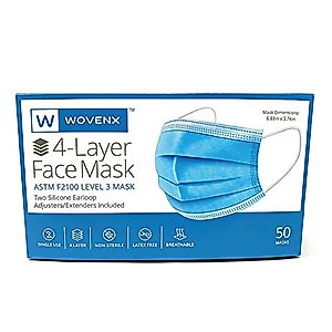 Wovenx - FDA Registered, ASTM Level 3 Face Mask, Pleated, Blue, 4 Ply-50 Pack