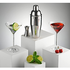 Godinger Cocktail Shaker Set and Martini Glasses Bar Set, Stainless Martini Shaker with Stemmed Cocktail Glasses and Double Jigger, 4 Piece Gift Set