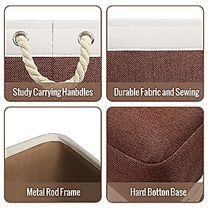 IMQSQIK Foldable Storage Bin 2 Pack, Large Fabric Storage Bin with Coarse Hemp Rope Handles, Gift Baskets Empty for Organizing Closet Nursery Shelves ( 15x 11 x 8 inches, Khaki White)