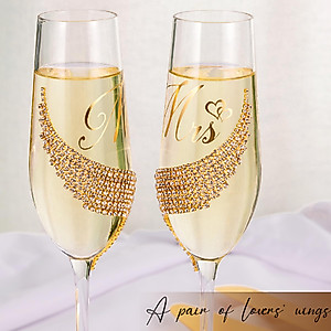 VARLKA Wedding Cake Knife and Server Set, Gold Mr and Mrs Champagne Flutes and Cake Cutting Set for Wedding Bridal Shower Gifts (Gold)