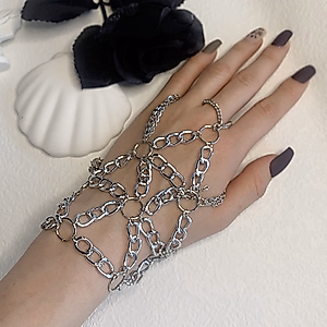 Asphire Gothic Metal Bracelet with Finger Ring Chain Tassel Braided Mesh Punk Slave Bracelet Cosplay Party Harness Bracelet for Festival Costume Hand Jewelry Accessories (Silver)