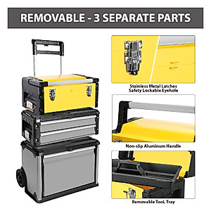 BIG RED Stackable Rolling Tool Box Portable Metal Toolbox Organizer with Wheels and 2 Drawers Separate Rolling Upright Trolley Tool Chest for Garage or Workshop,Yellow,ATRJF-C305ABDY