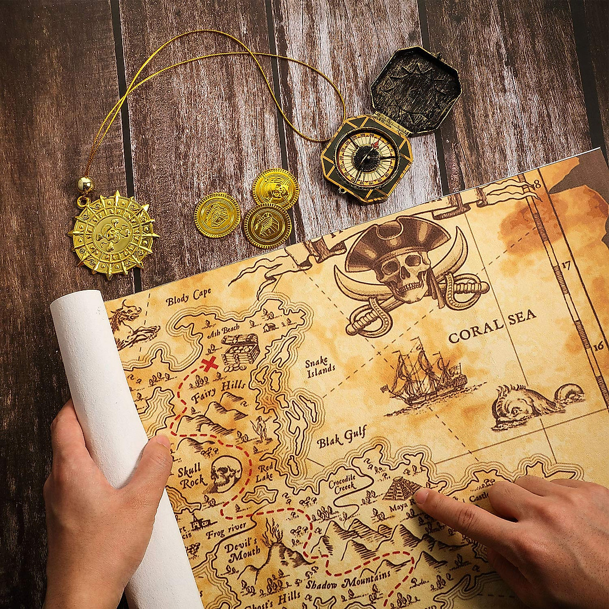 Gejoy Halloween Detailed Treasure Map Pirate Map Gold Secret Sea Historical Theme Home Decoration, Pirate Toy Compass Necklace Plastic Coins Pirate Theme Party Supplies
