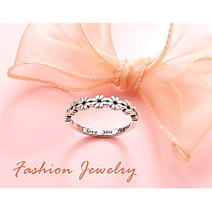 DAOCHONG 925 Sterling Silver Ring Daisy Flower Hawaiian I Love You Forever Tarnish Resistant Comfort Fit Wedding Band Ring 7