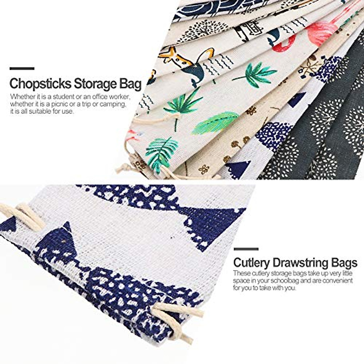 VALICLUD Portable Straw 10Pcs Cutlery Drawstring Bags Portable Cartoon Japanese Style Spoon Chopsticks Forks Straw Cotton Linen Bag Silverware Holder Pouch for Home Outdoor Picnic Portable Chopsticks