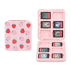 FUNDIARY Pink Strawberry Card Case for Nintendo Switch and Switch OLED Games, Cute Magnetic Card Cartridge for 12 Game Card and 12 SD Card, Hard Storage Case with 12 Game Card Slots