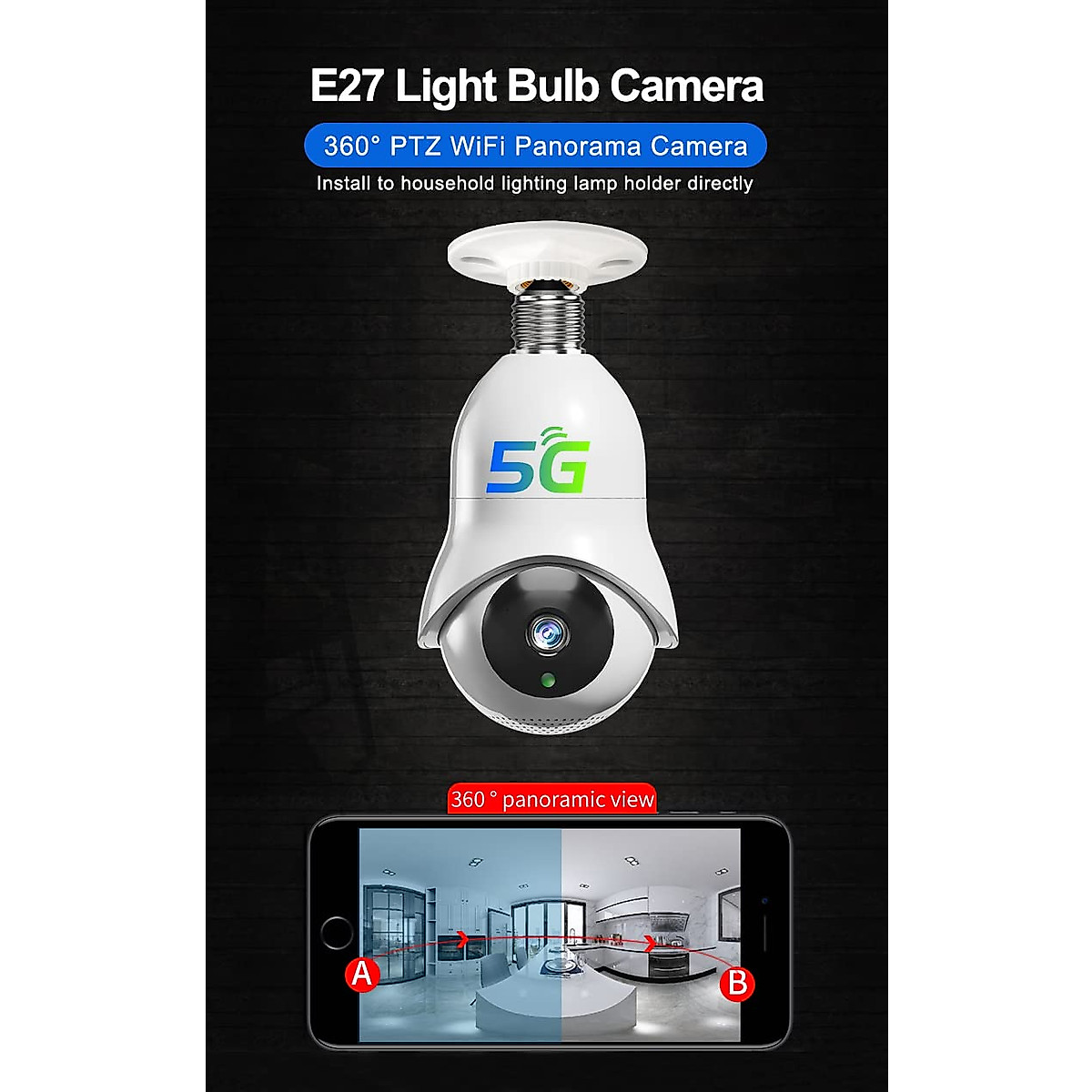 bluedery Light Bulb Camera 2.4GHz & 5G WiFi, 1080P E27 Light Bulb Camera Security Camera, Indoor 360°Home Security Cameras, Full Color Day and Night, Smart Motion Detection, Two-Way Audio