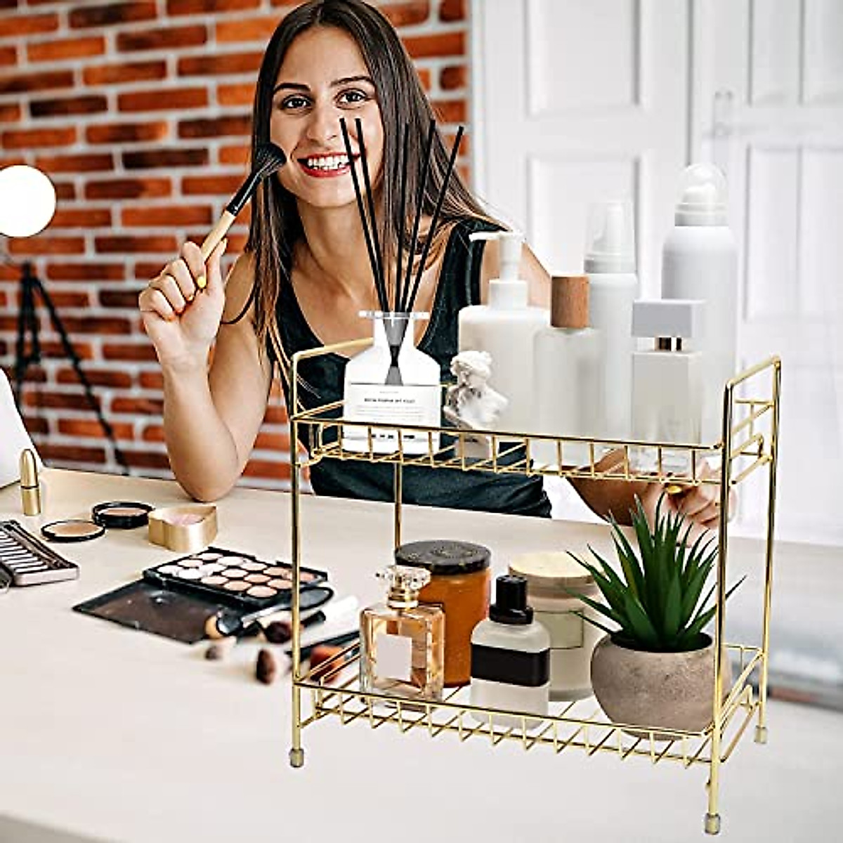 OOFAYBILL Bathroom Organizer Countertop,2-Tier Standing Rack Cosmetic Holder , Detachable Kitchen Spice Rack,Vanity Storage Shelf with Dividers for Cosmetic , Gold