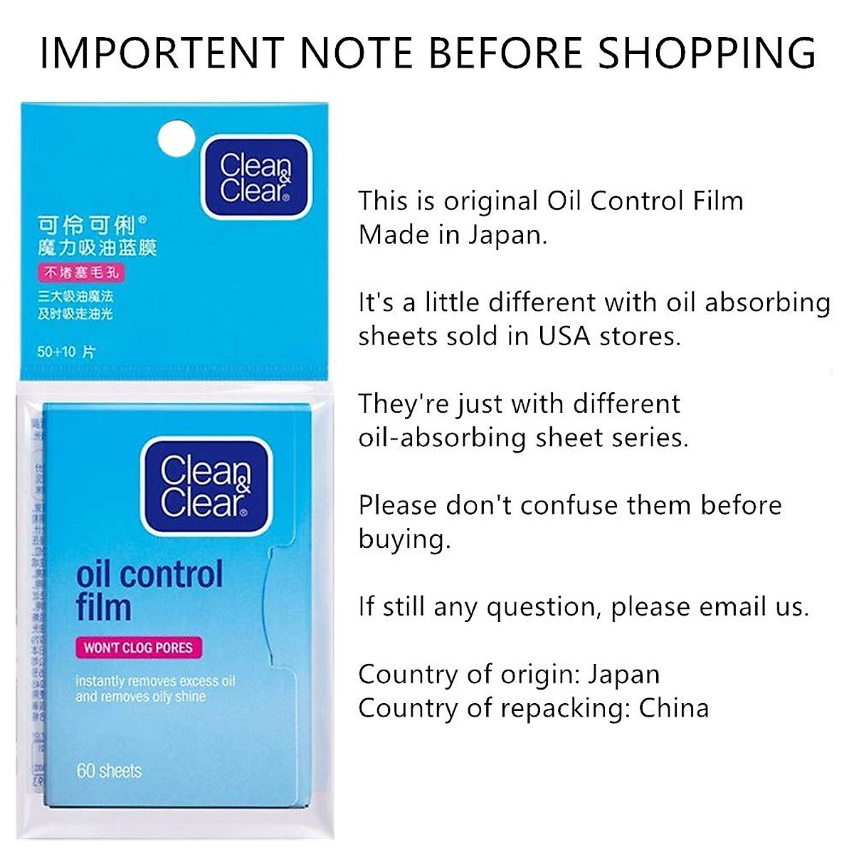 Oil Absorbing Tissues Oil Control Film, Oil Blotting Paper Same Series with Clean & Clear Oil Absorbing Facial Sheets for Oily Skin, 60 sheets Blue + 50 sheets Pink