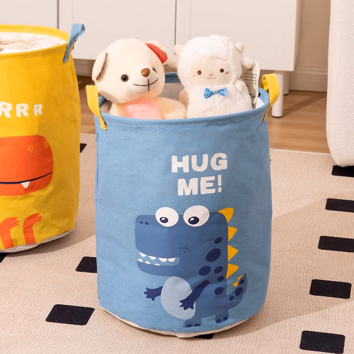 LUFOFOX Dinosaur Kids Laundry Hamper with Handles Large Collapsible Laundry Basket with Drawstring Waterproof Toy Storage Bins for Bedroom (Blue)