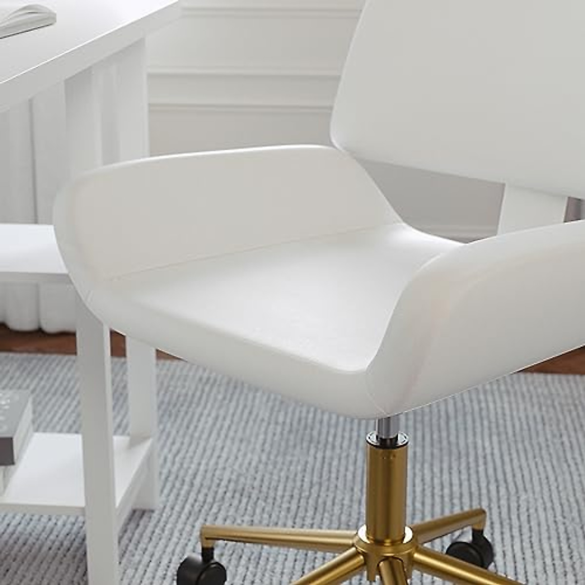 Martha Stewart Tyla Armless Swivel Task Chair for Home Office in White Faux Leather with Polished Brass Frame
