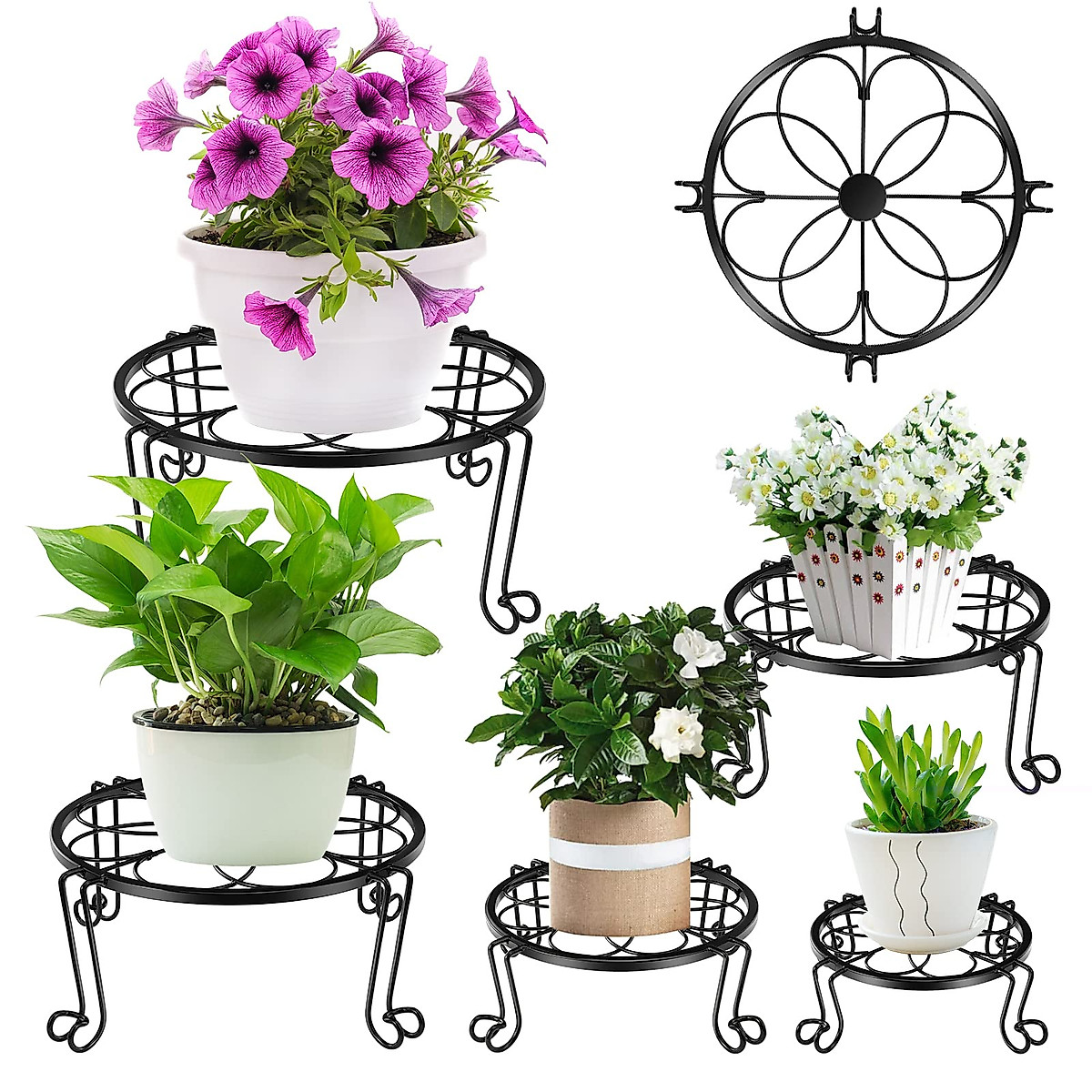 5 Pack Metal Plant Stands for Indoor Outdoor Plants, Heavy Duty Flower Pot Stands, Black Rustproof Iron Planter Holder, Round Garden Container Plant Rack, Potted Plant Shelf for Garden Home Corner