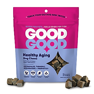 GoodGood Healthy Aging Dog Supplements; Supports Optimal Long-Term Health; Adult or Older Dog; Soft Chews with Astragalus, Turmeric, and Resveratrol; Probiotics; 90 Natural Flavor Chews