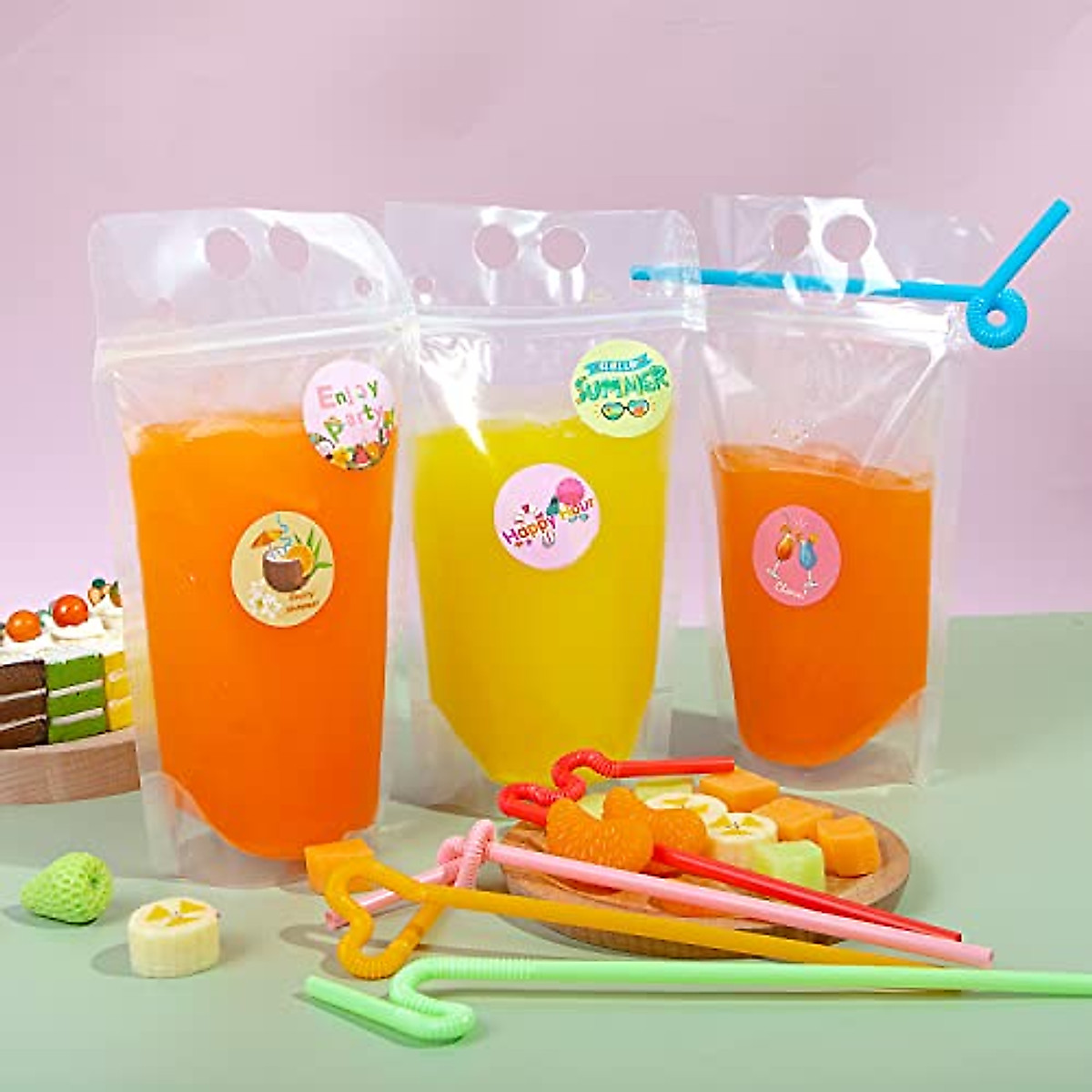 100 Pcs Drink Pouches for Adults Stand-Up Juice Pouches, Hand-Held Reclosable Drink Bags Plastic Zipper Juice Bags with Straws Silicone Funnel(Come with 100 Pcs Round Stickers)