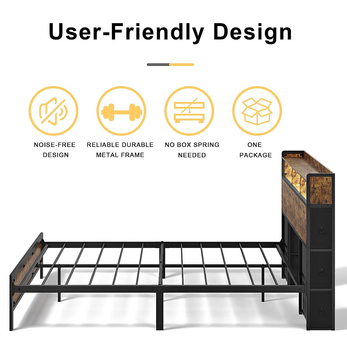 HAUSOURCE Queen Bed Frame with Bookcase Headboard and 6 Headboard Storage Drawers LED Lights Metal Platform Non-Slip Without Noise Metal Slats Support No Box Spring Needed