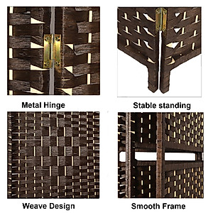 4 Panels Room Screen Divider Hand-Woven Design Room Divider 6 Ft High Fiber Freestanding Privacy with Wooden Removable Storage Shelves Screen Suitable for Living Room and Study, Brown
