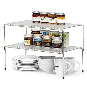 WOSOVO Set of 2 Kitchen Cabinet Organizer and Storage Shelves Stackable Expandable Storage Racks with Anti-Slip Liners for Cabinet Pantry, Silver