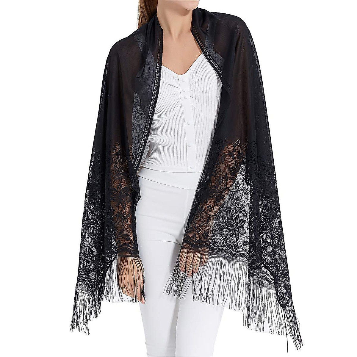 RIIQIICHY Women's Floral Lace Mesh Party Prom Wedding Shawl Scarf with Fringe