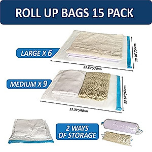15 Compression Bags for Travel, Roll Up Space Saver Bags for Travel, Saves 80% of Storage Space, Travel Compression Bags for Packing & Clothes, No Pump or Vacuum Needed