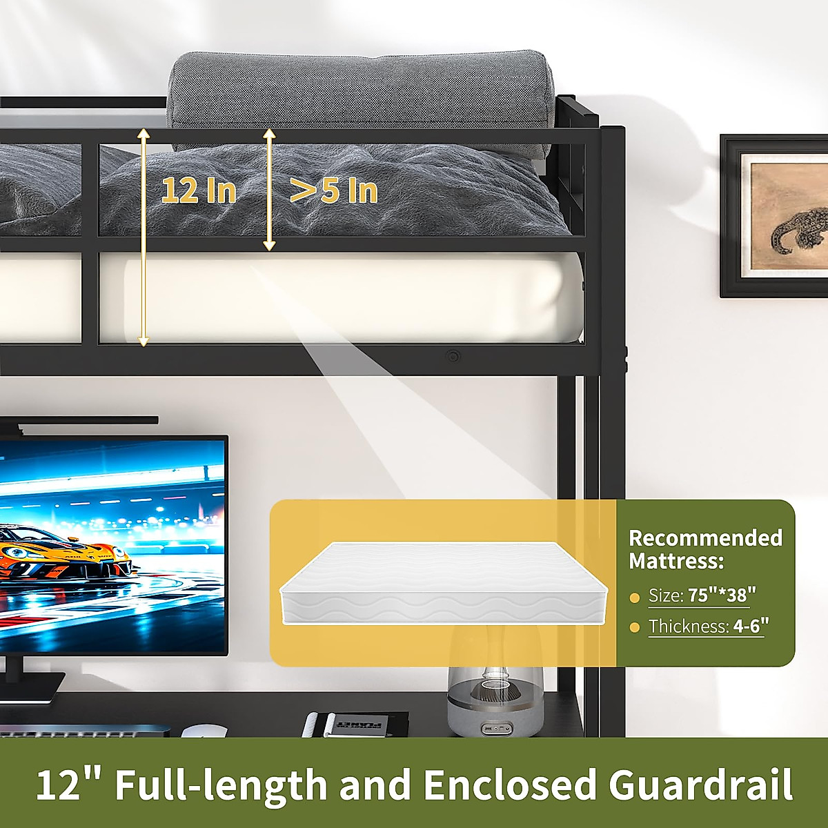 Yoobure Loft Bed Twin Size with Desk, Metal Twin Loft Bed Frame with Charging Station & Safety Guard, LED Loft Beds with 2 Storage Drawers for Kid Junior Adult, Heavy Duty, Space-Saving, Noise Free