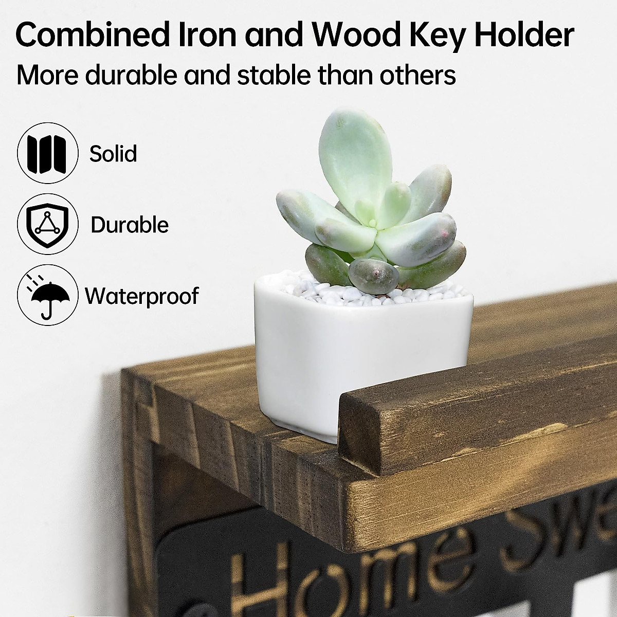 Iswabard Mail Holder with Key Hooks Key Holder for Wall Key Holder with Wooden Shelf, 6 Hooks, Key and Mail Holder Wall Mount Keys Holder on Wall Key Hanger Wall Mount (Brown)