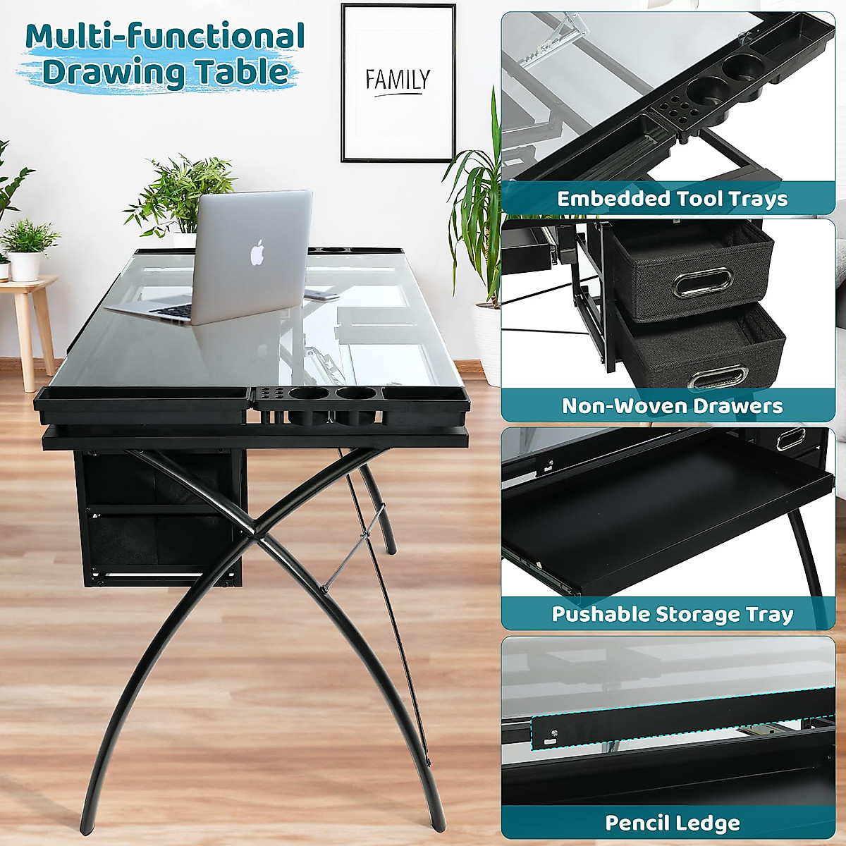 Clevich Glass Tabletop Drafting Table, Drawing Desk w/2 Drawers and Side Tray, 0-65°Angle Adjustable Versatile Art Craft Station, Craft Table w/Sturdy Metal Frame, for Artists Painters Student