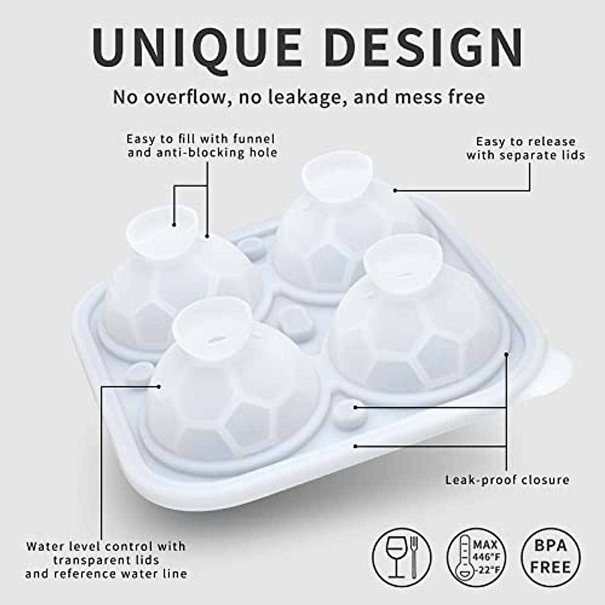 Koilox 3D Soccer Ball Molds Ice Cube Trays Black Silicone,4x Large Ice Ball Maker with Lid Easy Release BPA Free 2.2 Inches Sphere Ice Moulds for Freezer,Whiskey,Cocktail,Juice,Bourbon