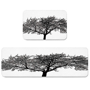 2 Pieces Kitchen Rugs Sets, Tree Stem Trunk Branches Black and White Non-Slip Hallway Stair Runner Rug Mats Doormat for Floor, Office, Sink, Laundry