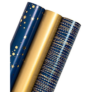 WRAPAHOLIC Wrapping Paper Roll - Mini Roll - 3 Rolls - 17 Inch X 120 Inch Per Roll - Navy and Gold Star/Stripe/Gold Pearlized Print for Birthday, Father's Day, Holiday, Party