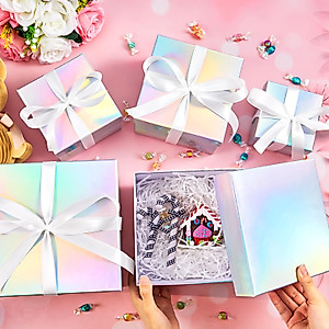 Fulmoon 5 Pcs Holographic Sliver Nesting Gift Boxes Square Gift Boxes with Lids Set 5 Assorted Sizes Laser Square Stacking Boxes with Ribbon for Wedding Festival Birthday Party Presents Keepsake