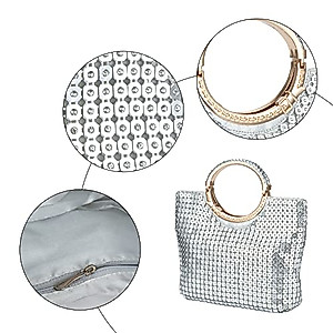 GripIt Designer Handbags Sequin Tote Bag with Rhinestone Wristlet Sparkly Purse Crystal Bag for Women Trendy Formal Evening Bag,Silver