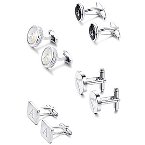 LOYALLOOK 4Pairs Initial A Men's Initial Letter Shirts Cufflinks Engraved Shirt Cufflink Alphabet Set Fashion Dazzle Tuxedo Cufflinks Business Wedding Father's DayGift