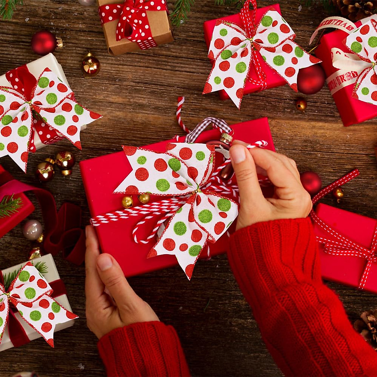 DIYDEC 12pcs Christmas Bows Decoration 6.3 Inch Large Christmas Wreath Bows Red Green Xmas Tree Bows Christmas Glitter Dot Bows Ribbons Ornaments for Garland Wedding Home Holiday Party