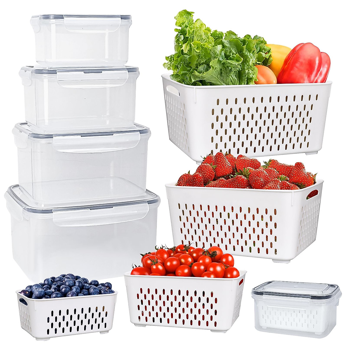 5 Pack Fruit Storage Containers for Fridge,Multi Food Storage Containers Removable Colander Storage Containers with Lid - Suitable for Fruits, Vegetables, Berries, Meat, etc