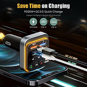 LENCENT Bluetooth 5.0 FM Transmitter for Car, [PD 20W + QC 3.0] USB Charger Music Radio Adapter, Wireless Microphone &HiFi Bass Sound, Supports Hands-Free Siri Google Assistant