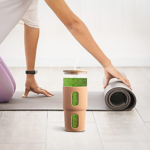 32oz Drinking Glass Tumbler with Bamboo Lid and Straw - Silicone Sleeve - Fits Car Cup Holder - Reusable Boba Smoothie Cup, Spill Proof Travel Water Bottle, Iced Coffee Tumbler, BPA Free - Amber.