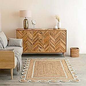 Weaving Village Scalloped Natural Jute Area Rug, Natural Base Off White Trim, 4x6