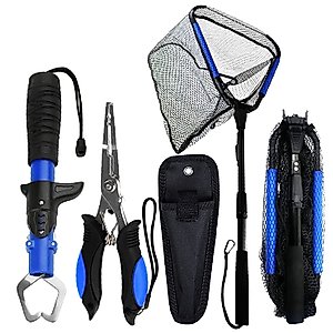 Fishing Net,Floating Folding Landing Net with 7 Inch Fishing Pliers and Fishing Lip Gripper,Fishing Gear Fihing Tool Accessories for Fish Easy Catch and Release Freshwater and Saltwater