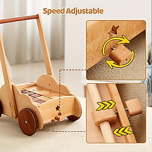Beright Wooden Baby Walker Push Toy, Learning Educational Walking Toys for Babys Toddles, Adjustable Speed & Height, Natural Beech, not with Building Blocks
