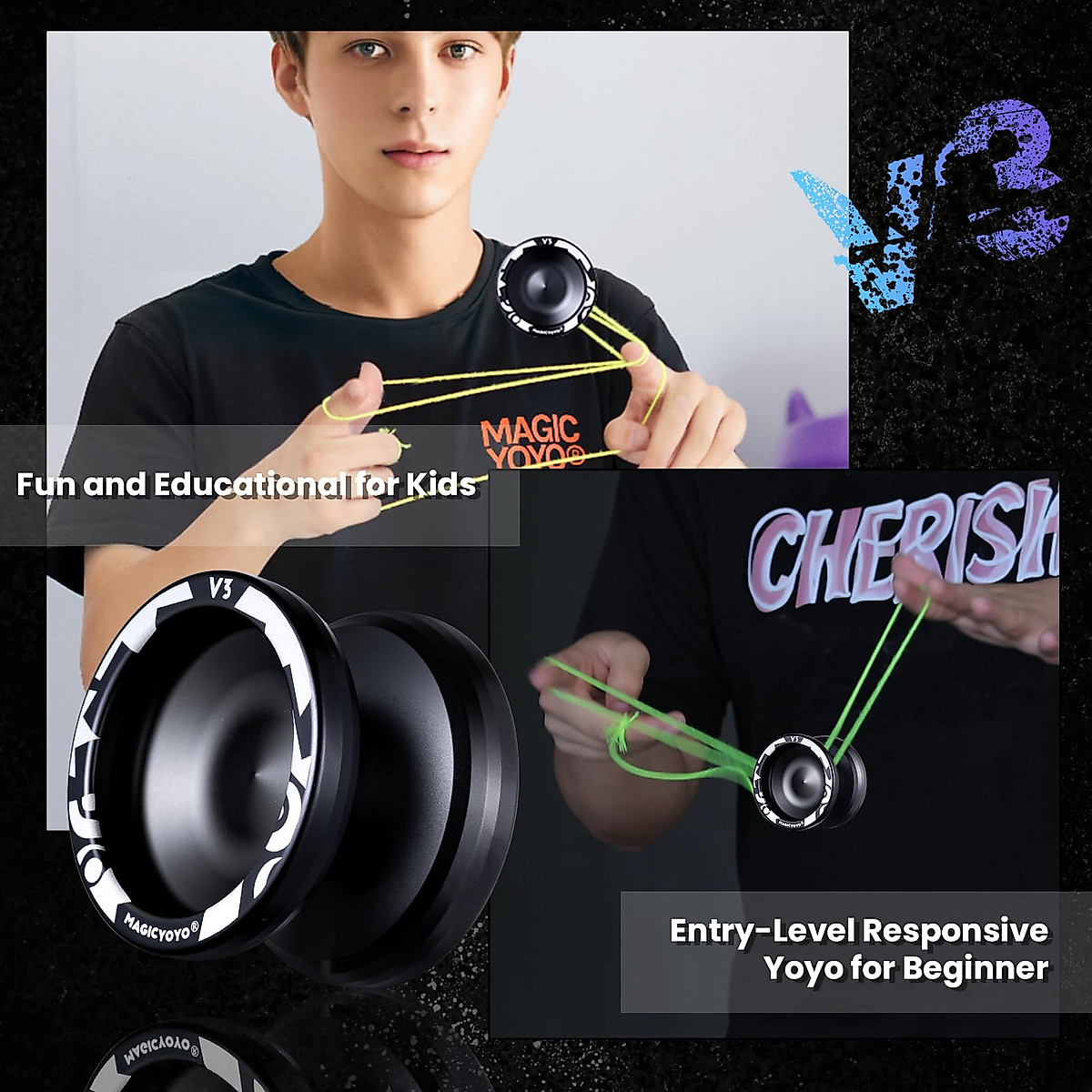 MAGICYOYO V3 Professional Responsive Yoyo for Kids 8-12 and Adults, Dual Function with 12 Strings, KK Bearing, Bearing Puller, Axle, Case - Black