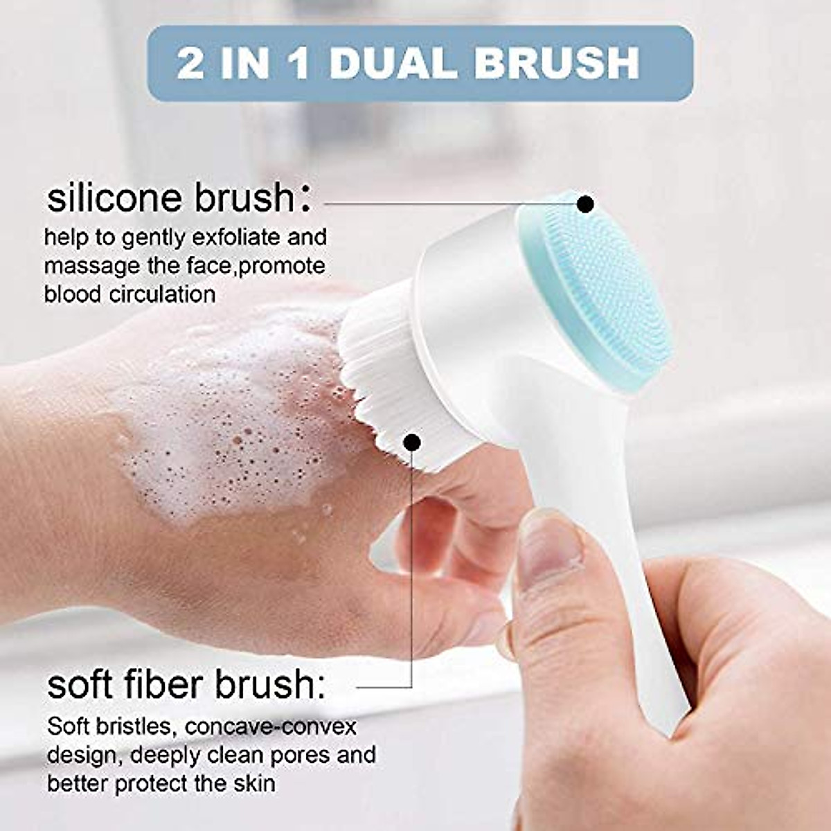 Manual Facial Cleansing Brush, 2-in-1 Skin Care face Brush, Silicone Facial Scrubber Manual Dual Face Wash Brush for Deep Pore Exfoliation Massaging (Blue)