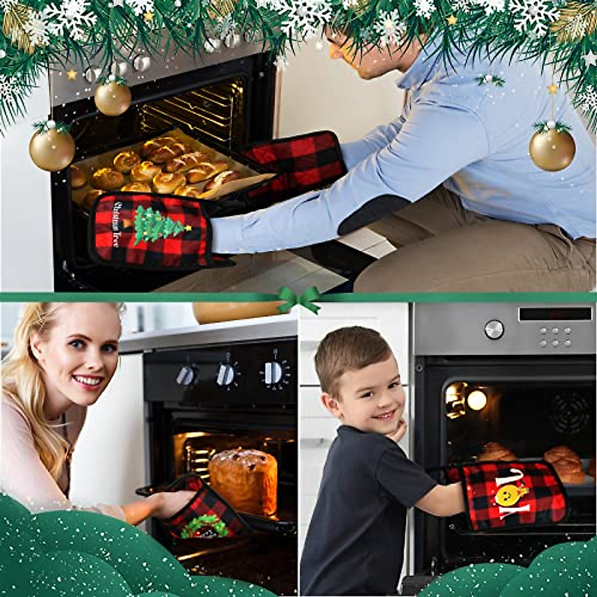 6 Pcs Red and Black Buffalo Plaid Pot Holders Heat Resistant Christmas Potholders with Pocket Reusable Oven Mitts Christmas Hot Pads for Kitchen Decoration Cooking Baking BBQ (Snowman)