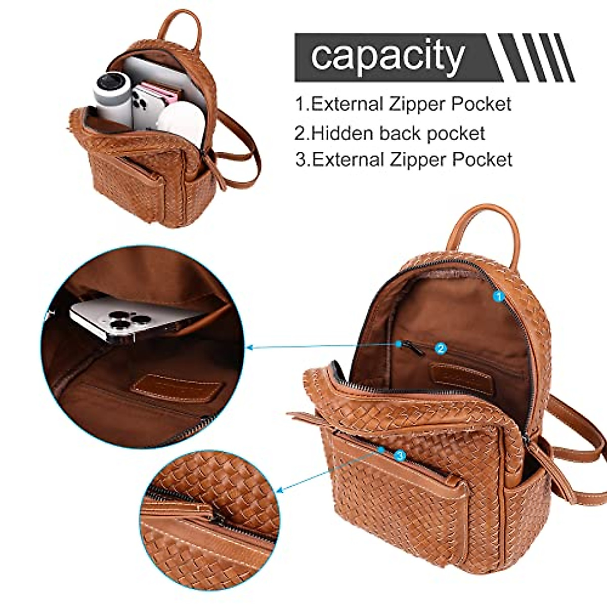 SHOMICO Women Woven Backpack Purse Trendy Stylish Casual Day back Handbag (small camel woven)