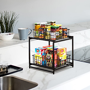 FixOwl Under Cabinet Sink Organizer with Sliding Drawer Under Bathroom Sink Storage Stackable Adjustable Height 2 Tier Countertop Organizer, 1 Pack, Black