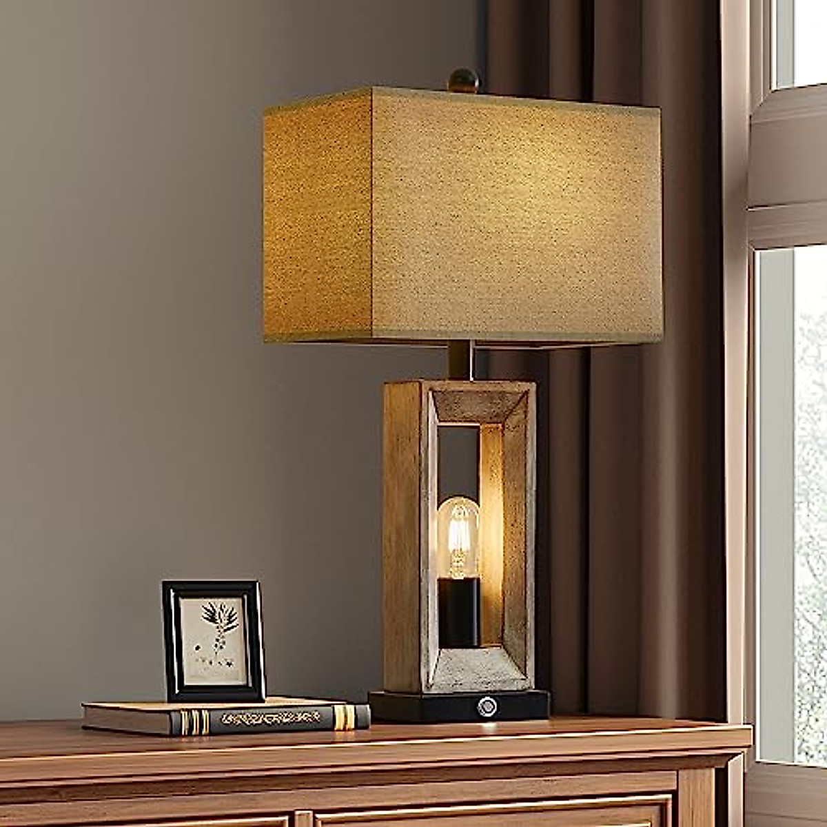 G-SAFAVA 25&quot; Farmhouse USB C+A Charging Ports 3-Way Dimmable Touch Control Brown and Black Table Lamp with Nightlight Vintage Modern Lamps for Living Room Bedroom Hotel(2 Bulbs Included)