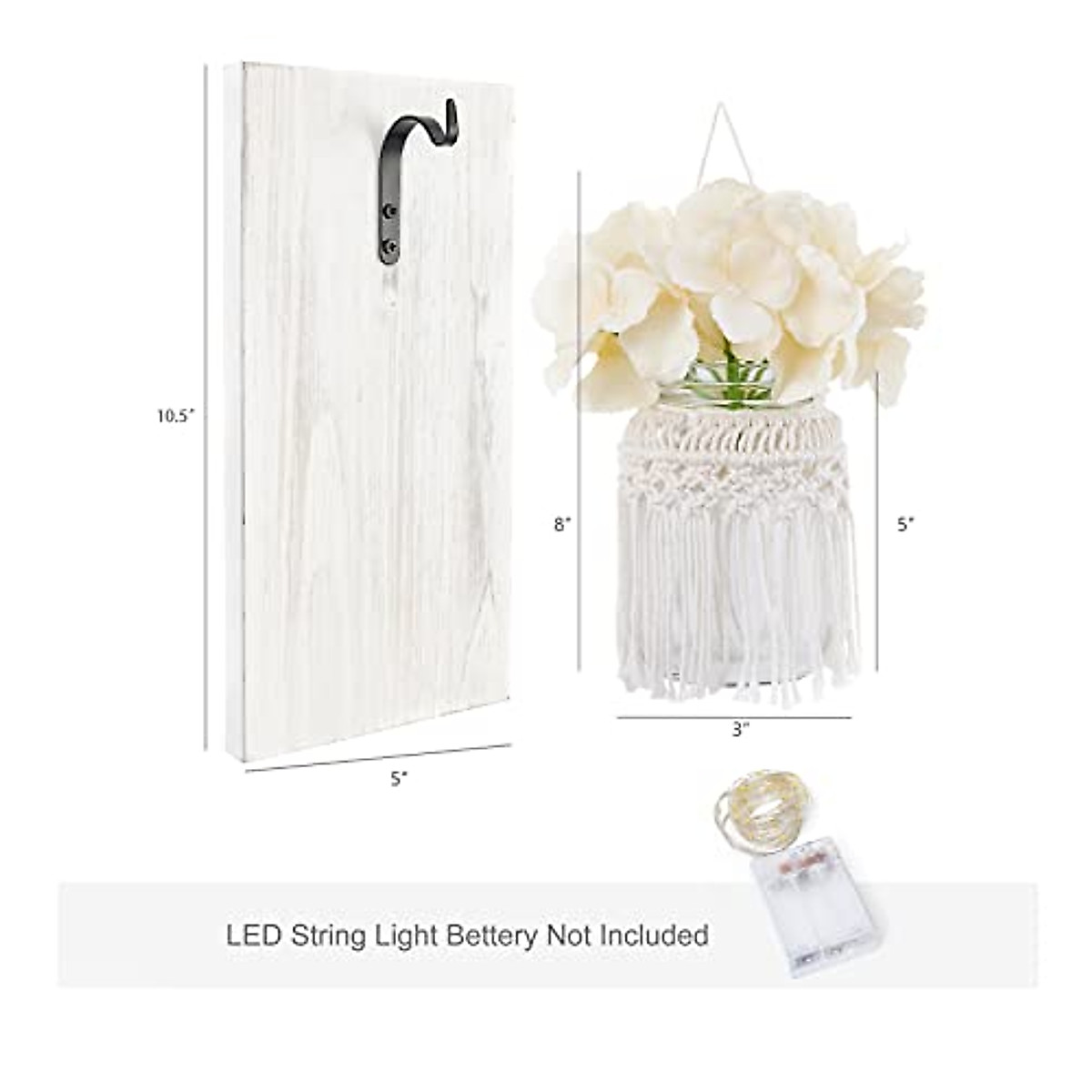 Mkono Mason Jar Sconces Farmhouse Wall Decor Boho Wall Sconces with Macrame Woven Art Decor and Fairy Lights Rustic Flower Mason jar Wall Decor for Kitchen Living Room Dining Room Hallway, Set of 2