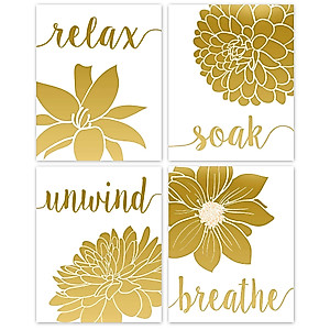 Simple Relax Soak Unwind Breathe Gold Blend Floral Prints, 4 (8x10) Unframed Photos, Wall Art Decor Gifts for Home Office Salon Lounge Bathroom School College Student Coach Yoga Garden Flowers Fan