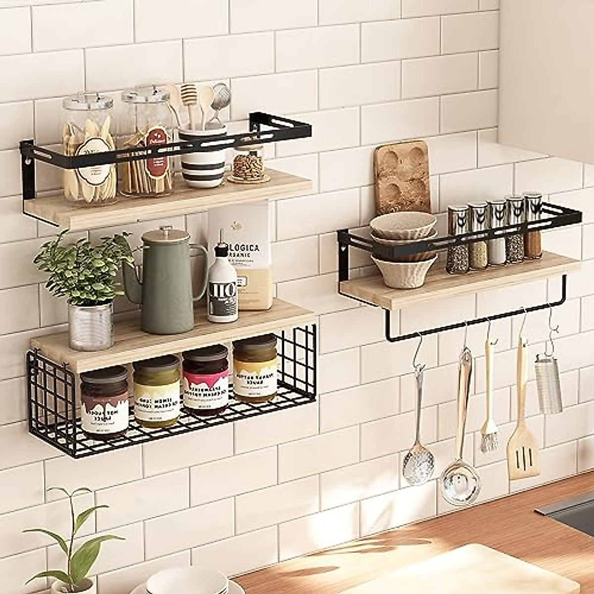 Fixwal 3+1 Tier Wall Mounted Floating Shelves with Metal Frame, Rustic Wood Bathroom Shelves Over Toilet with Wire Storage Basket and Towel Bar for Bathroom, Kitchen, Bedroom (Rustic Brown)- New