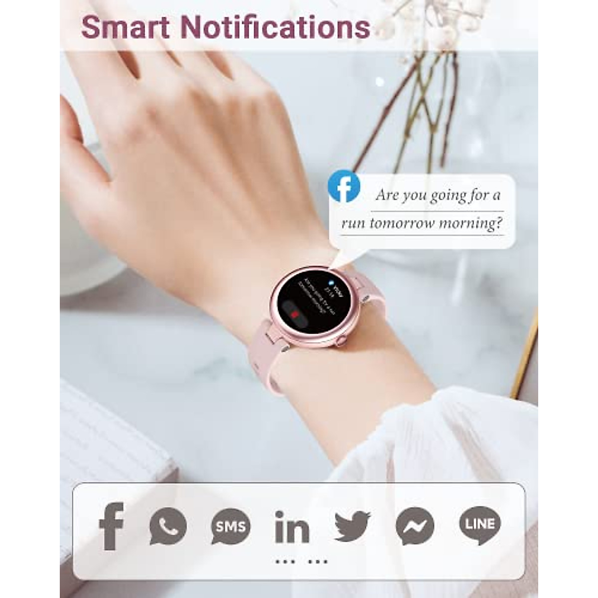 SHANG WING Smart Watches for Women Waterproof, Round Women's Watch Compatible with iPhone Android Phones Fitness Tracker Reloj para Mujer with Heart Rate Monitor Pedometer Sleep Tracker Pink, Lynn